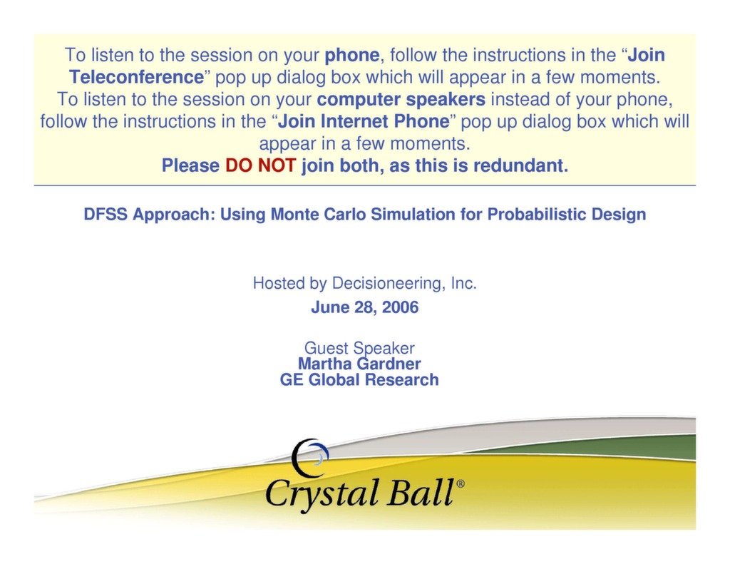 Presentation: DFSS and Monte Carlo Simulation for Probabilistic Design