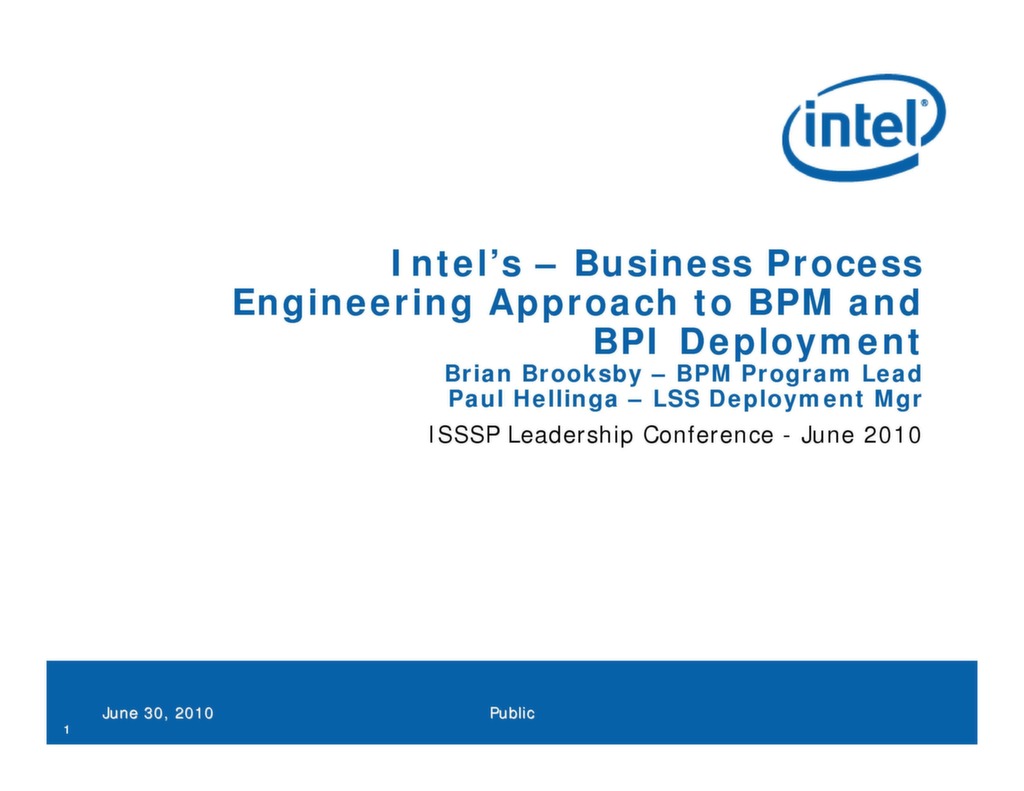 Intel's Business Process Engineering Approach to BPM & BPI Deployment