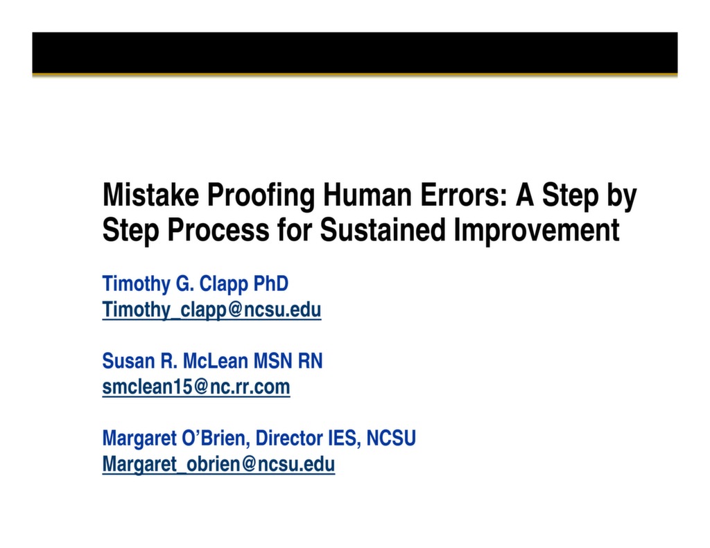 Six Sigma Presentation: Mistake Proofing in Healthcare