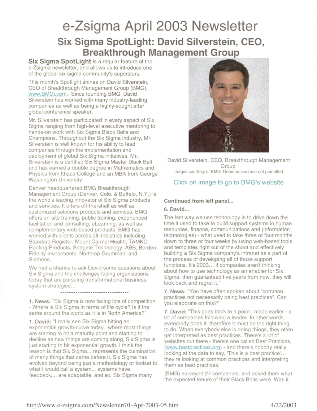 Six Sigma Spotlight: David Silverstein, CEO, Breakthrough Management ...