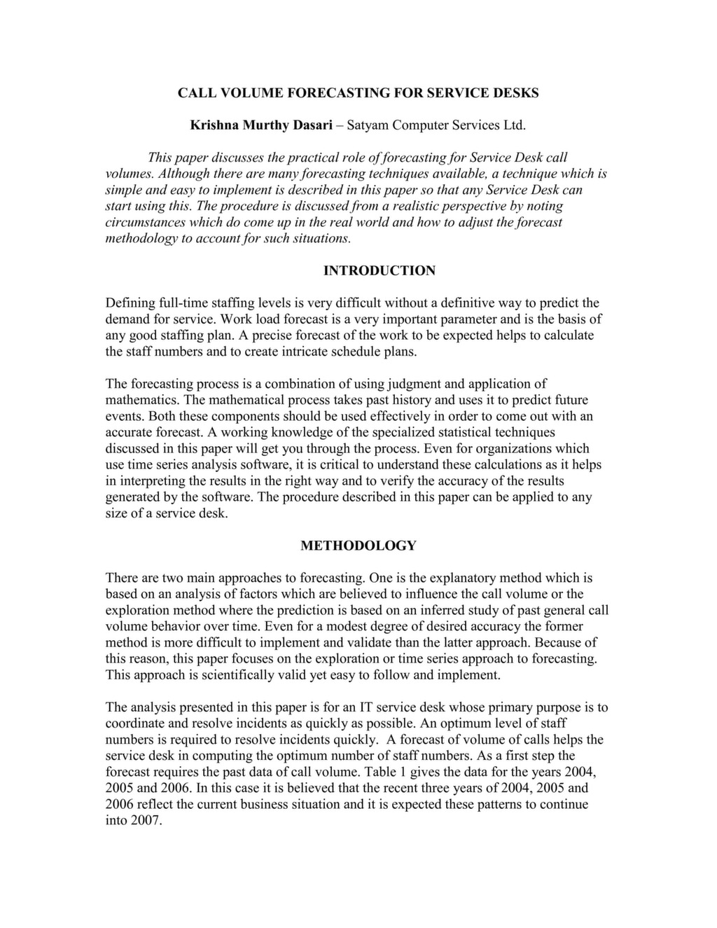 Call Volume Forecasting for Service Desks — ISSSP for Lean Six Sigma