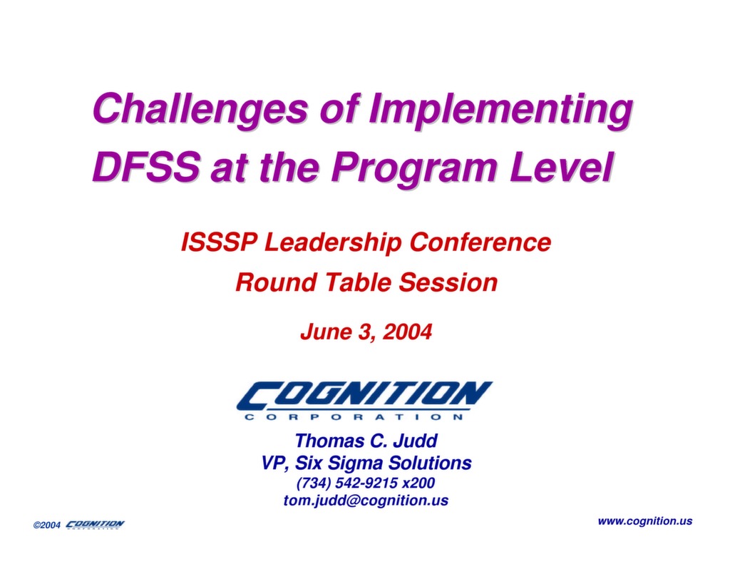 Implementing Dfss At The Program Level 03 Jun 04 — Isssp For Lean Six Sigma
