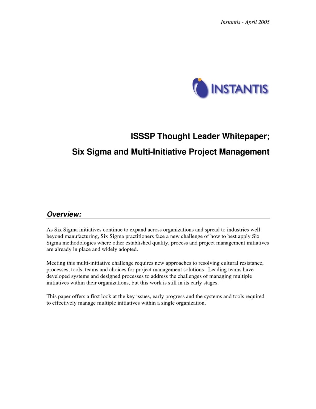 Six Sigma and Multi-Initiative Project Management — ISSSP for Lean Six ...