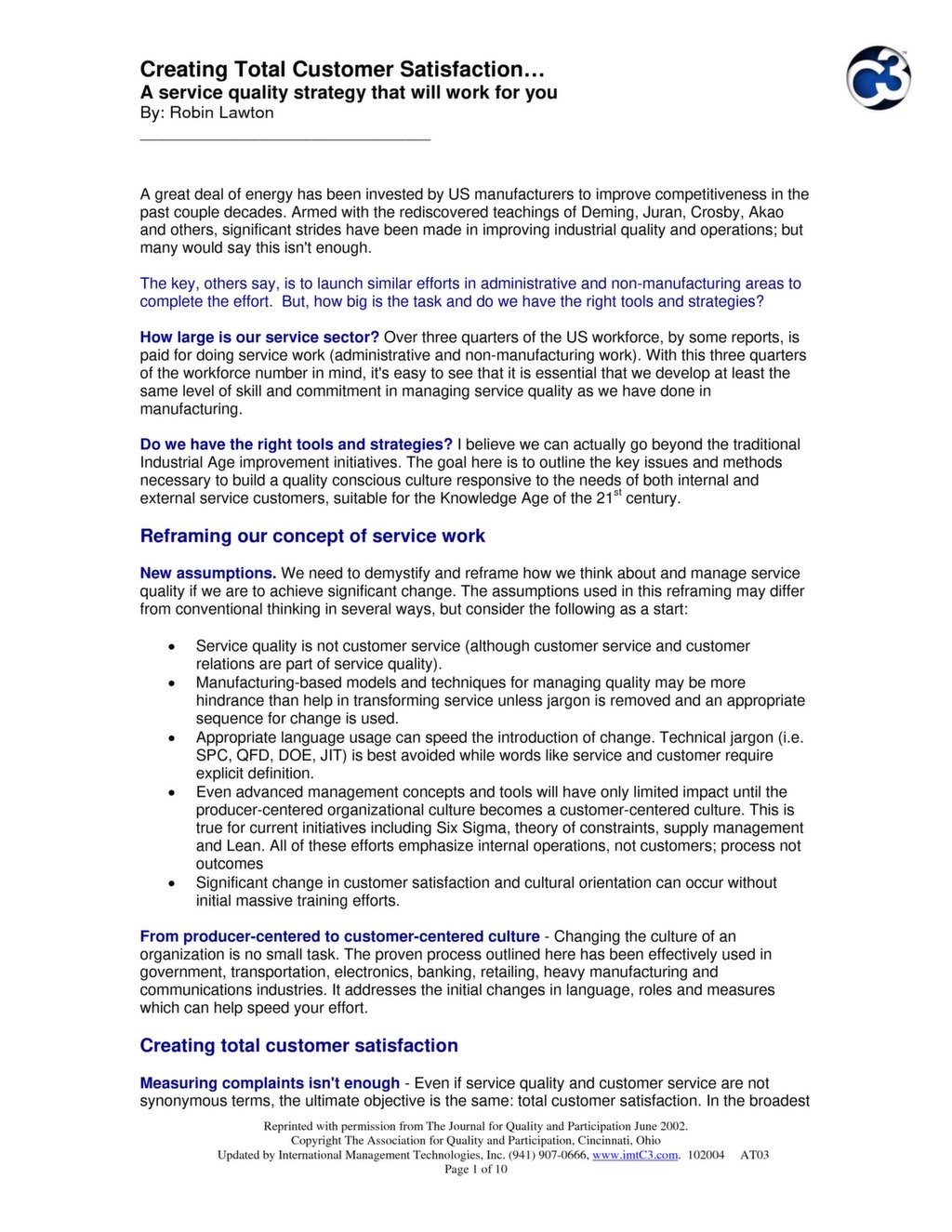 Creating Total Customer Satisfaction: A Service Quality Strategy That ...