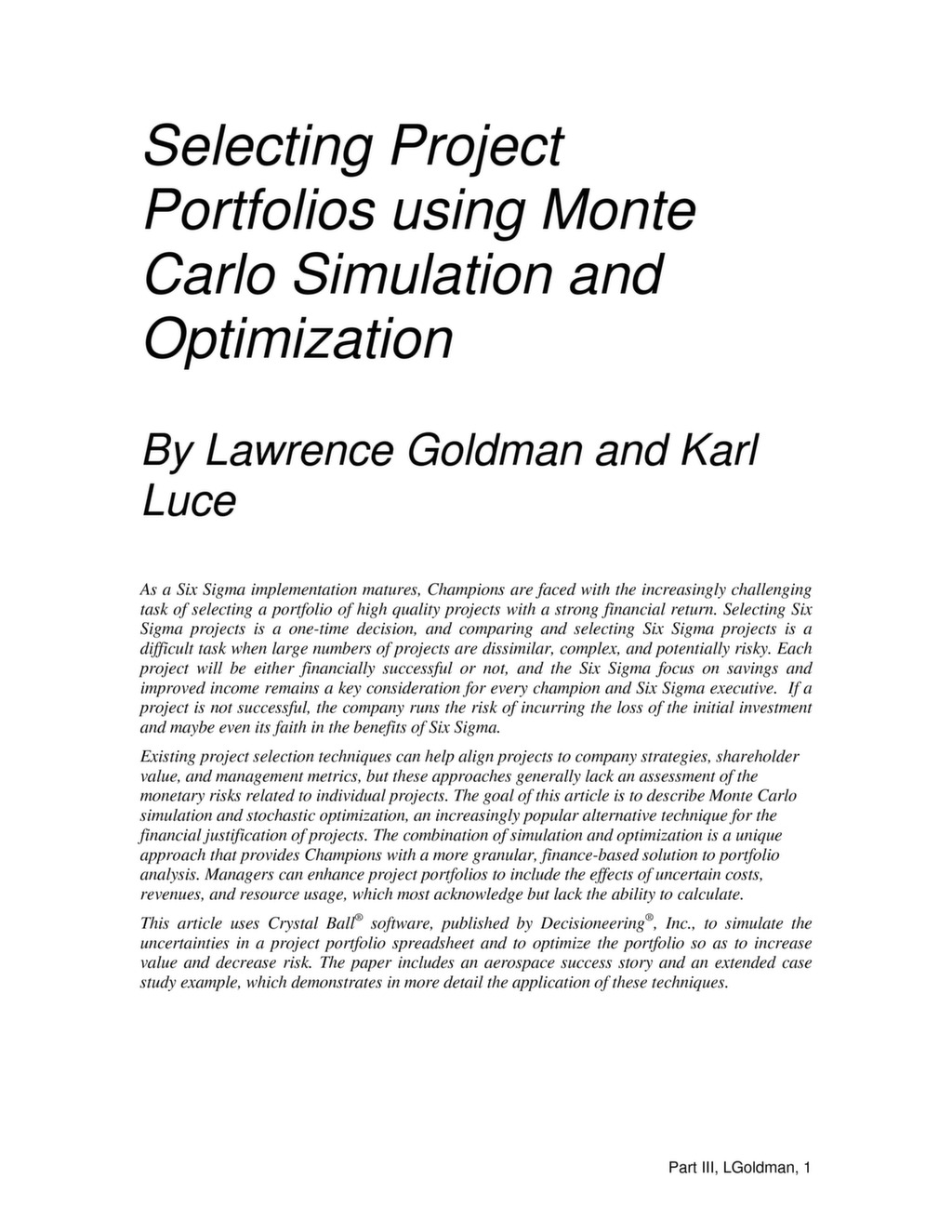 Selecting Project Portfolios Using Monte Carlo Simulation And