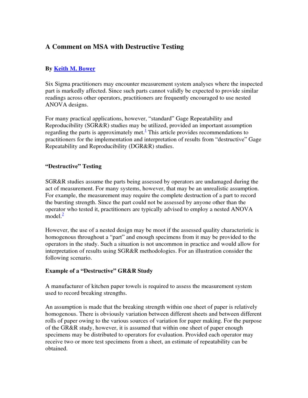 A Comment on MSA with Destructive Testing — ISSSP for Lean Six Sigma