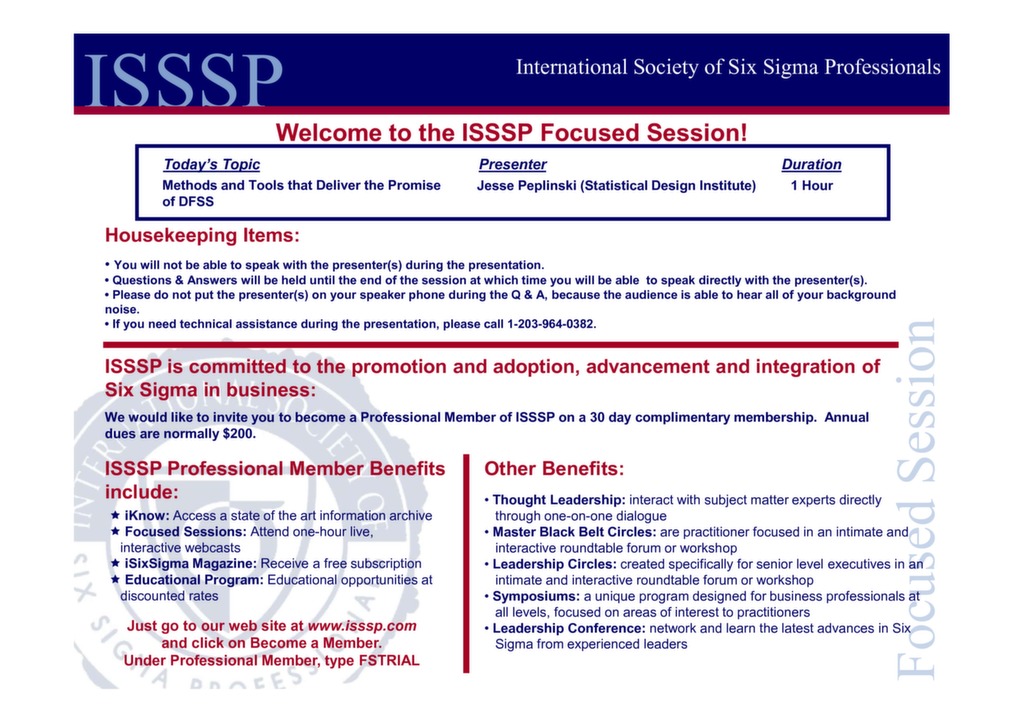 Methods and Tools that Deliver the Promise of DFSS — ISSSP for Lean Six ...