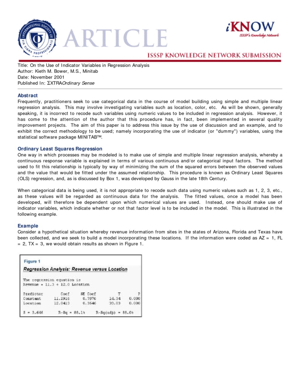 On the Use of Indicator Variables in Regression Analysis — ISSSP for Lean Six Sigma