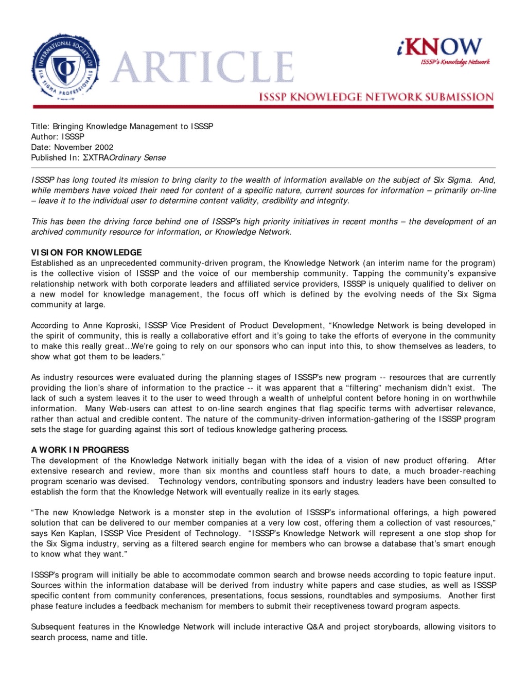 Bringing Knowledge Management to ISSSP — ISSSP for Lean Six Sigma