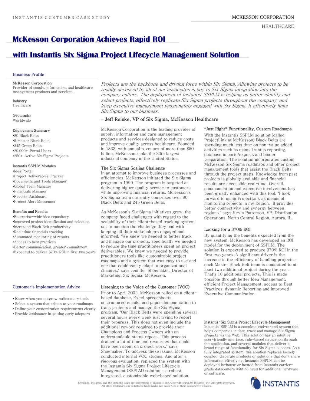 McKesson Corporation Achieves Rapid ROI with Instantis Six Sigma ...