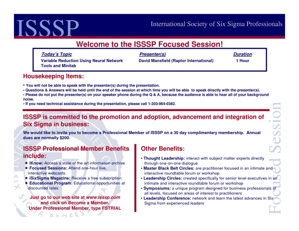 Variable Reduction Using Neural Network Tools and Minitab — ISSSP for Lean Six Sigma