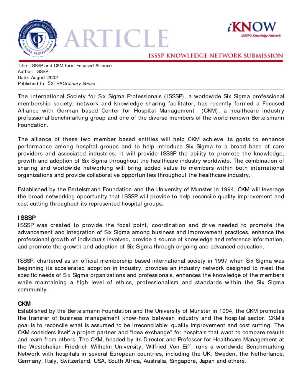 ISSSP and CKM form Focused Alliance — ISSSP for Lean Six Sigma