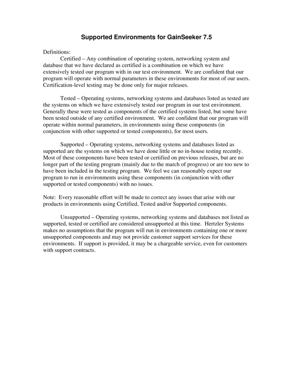 Supported Environments for GainSeeker 7.5 — ISSSP for Lean Six Sigma