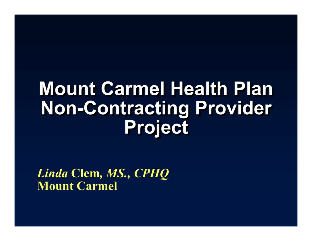 Mount Carmel Health Plan Non-Contracting Provider Project — ISSSP for ...