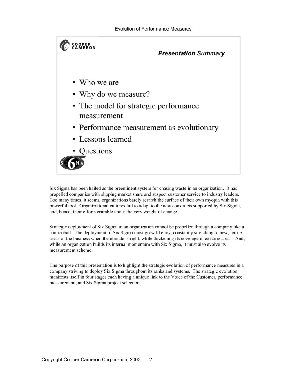 The Evolution of Performance Measurements — ISSSP for Lean Six Sigma