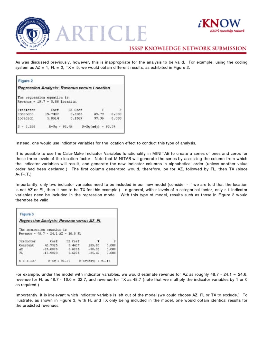 On the Use of Indicator Variables in Regression Analysis — ISSSP for Lean Six Sigma