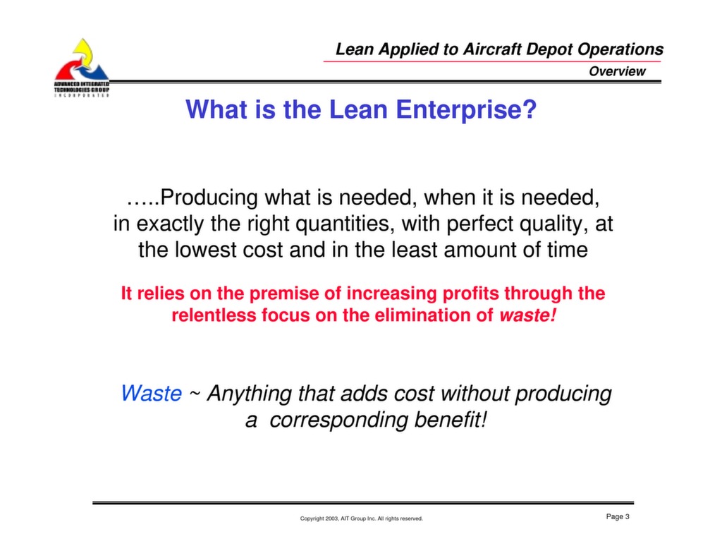 Lean Applied to Aircraft Depot Operations — ISSSP for Lean Six Sigma