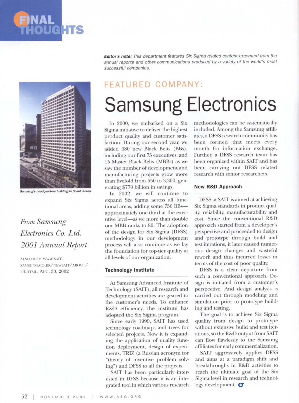 Samsung Electronics Excerpt from Annual Report: Six Sigma and DFSS ...